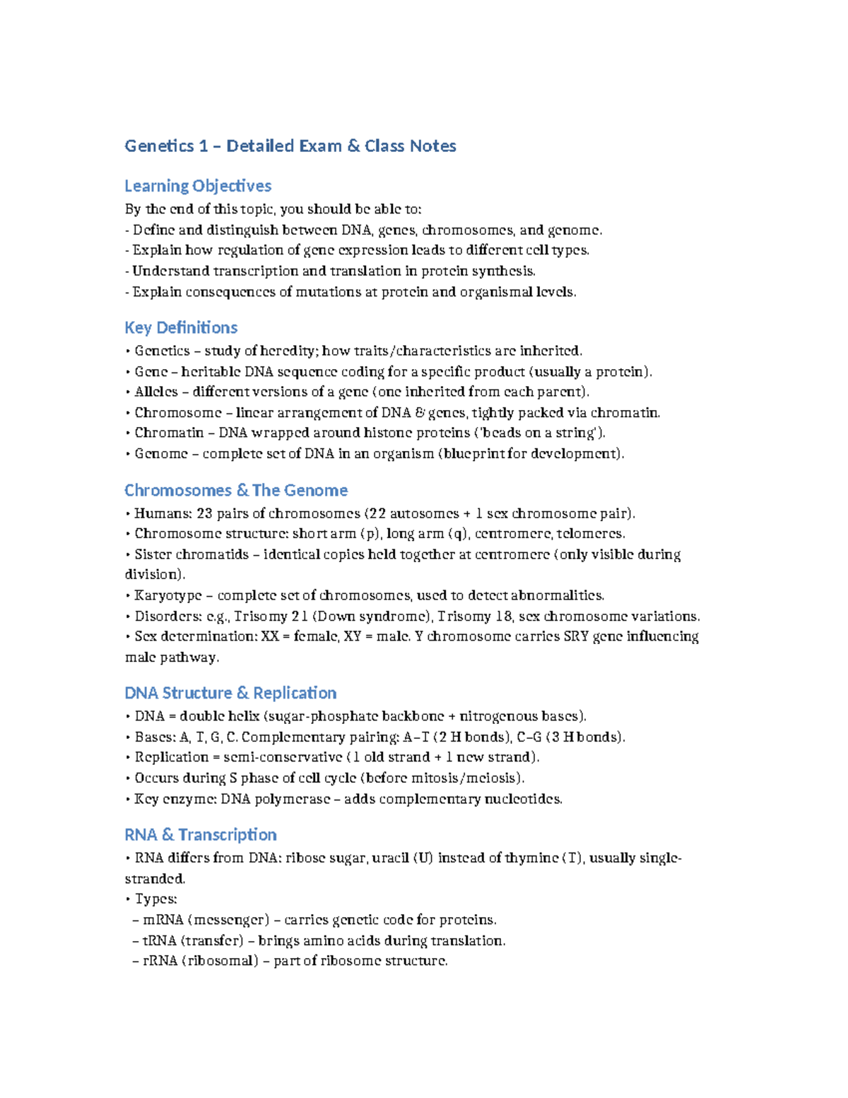 Genetics 1 Final Exam Class Notes: Key Concepts & Definitions - Studocu