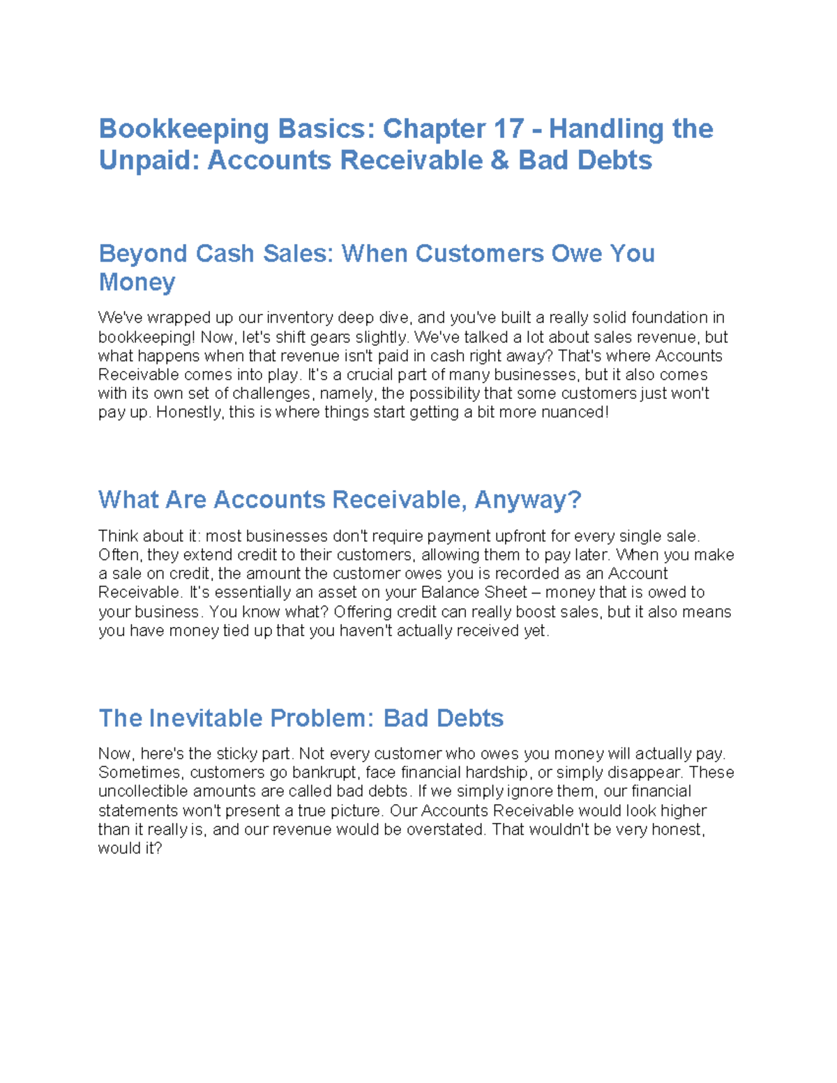 Bookkeeping Basics (16): Chapter 17 - Managing Accounts Receivable & Bad Debts - Studocu