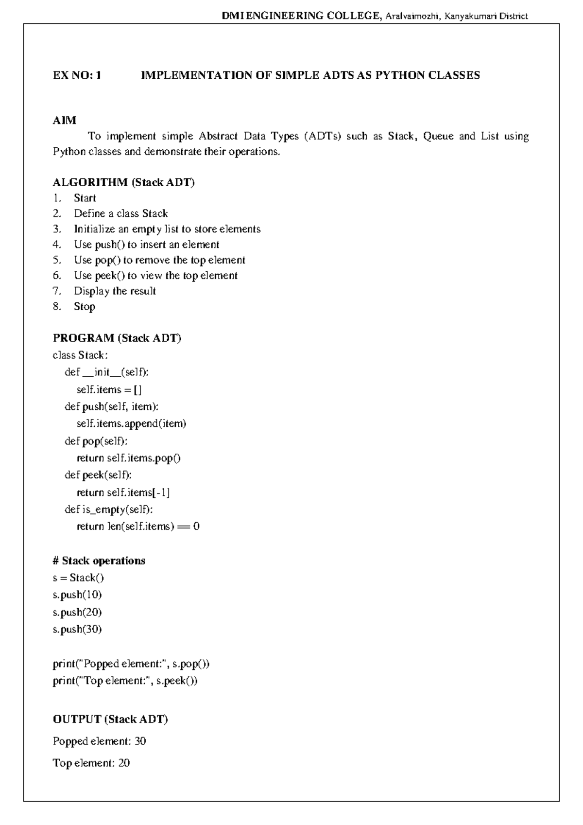 DSA LAB MANUAL: IMPLEMENTING ADTs & DATA STRUCTURES IN PYTHON - Studocu