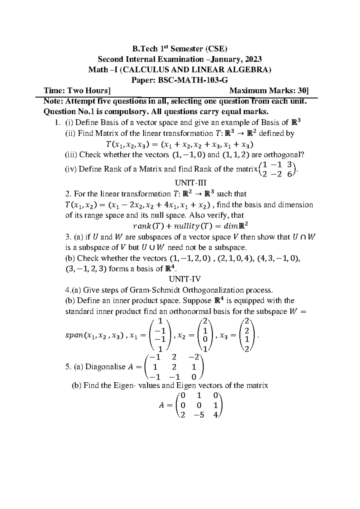 B.Tech 1st Sem (CSE) Final Exam Practice Questions: Math (CALCULUS & LA) - Studocu
