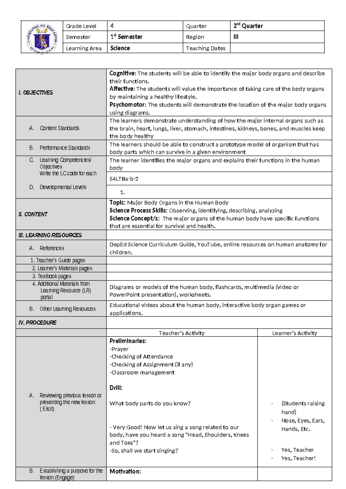Grade 4 Science DLP: Major Body Organs Lesson Plan - Studocu