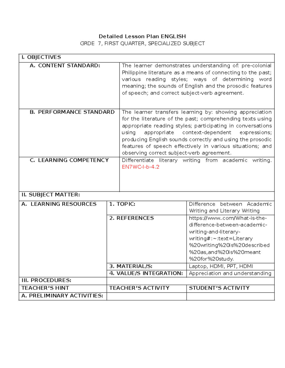 Grade 7 English 1Q Lesson Plan on Writing Styles and Techniques - Studocu
