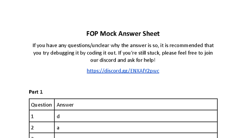 FOP Mock Exam Answer Sheet - Practice Paper Solutions - Studocu