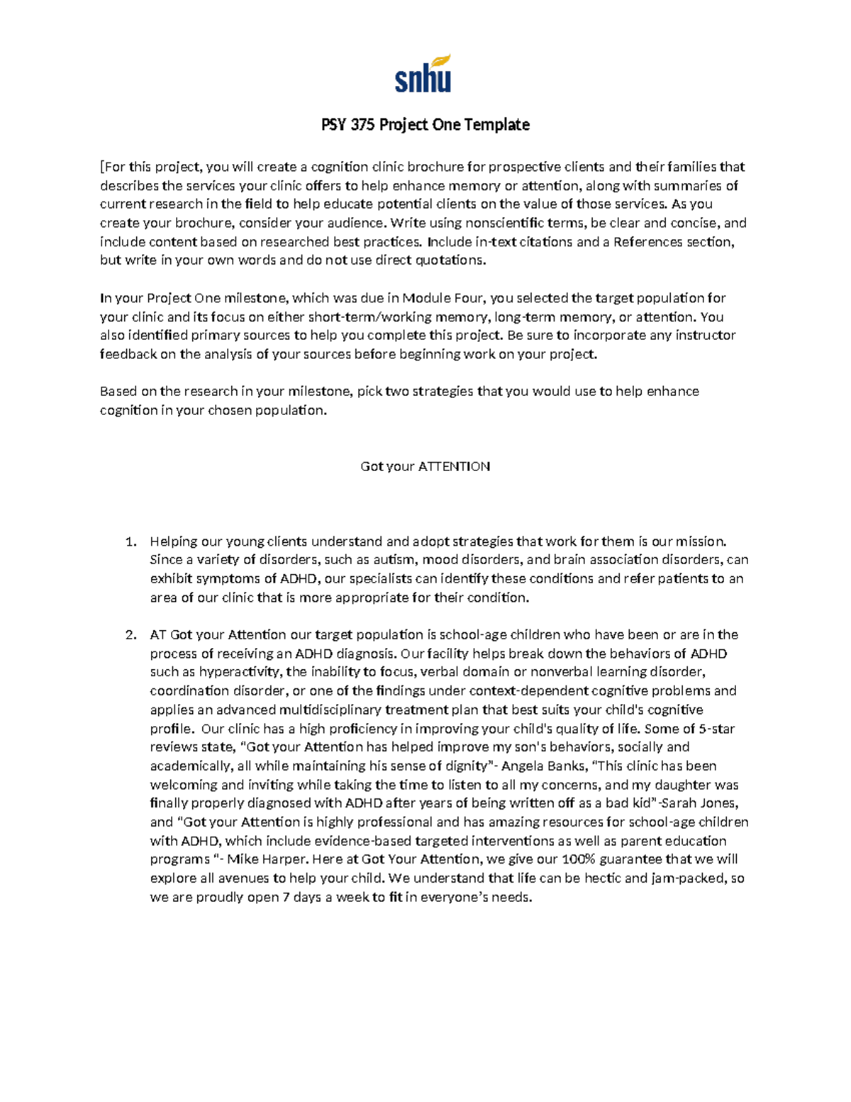 PSY 375 Project One: Cognition Clinic Brochure for ADHD Treatment - Studocu