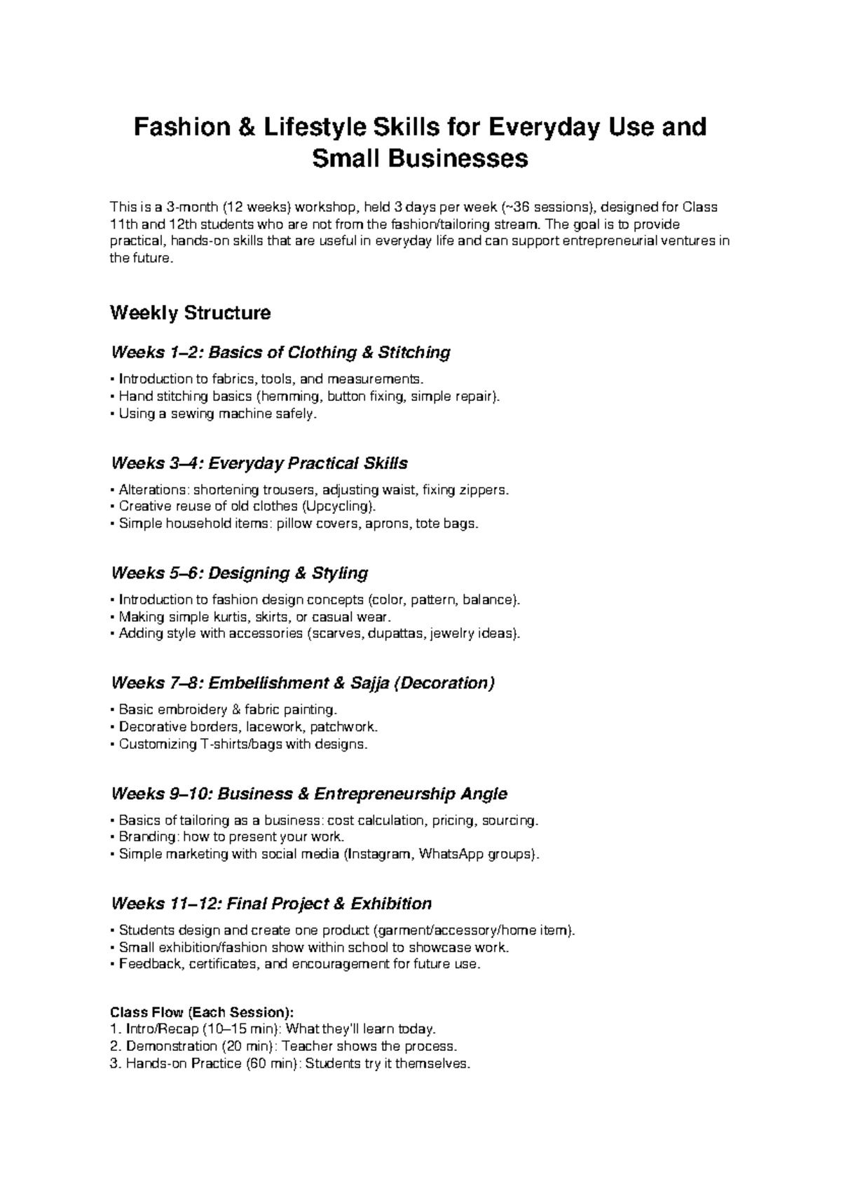 Fashion Workshop Course Plan for Class 11-12: Skills & Entrepreneurship ...