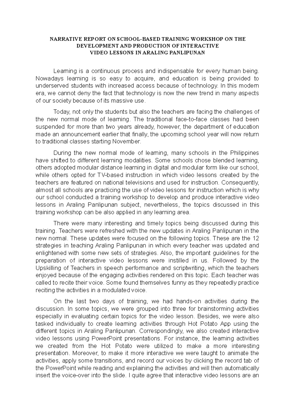 Narrative Report ON School - NARRATIVE REPORT ON SCHOOL-BASED TRAINING WORKSHOP ON THE ...