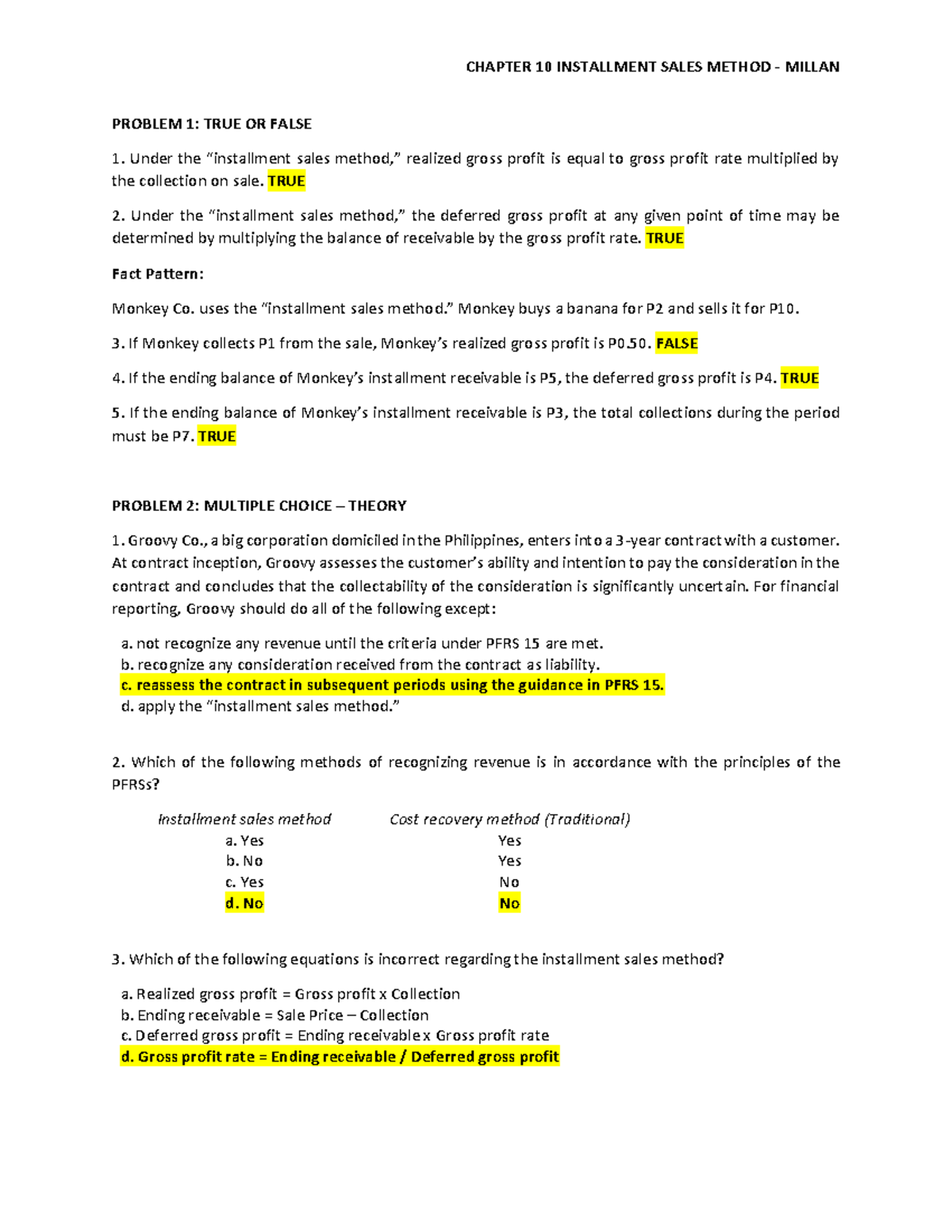 Chapter 10: Installment Sales Method Problems - ACCT101 Study Guide - Studocu