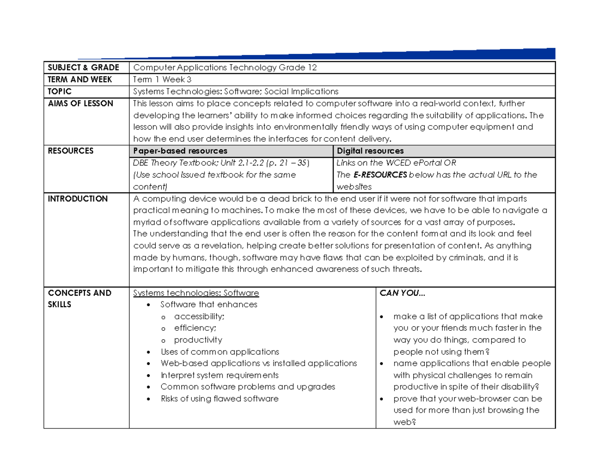 CAT Grade 12 Term 1 Week 3 - Lesson on Systems Technologies - Studocu