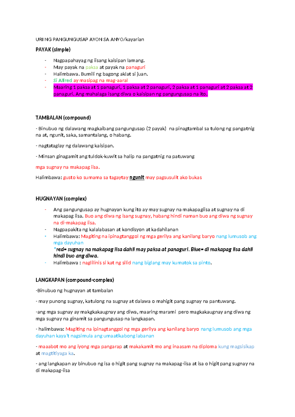 Uri ng Pangungusap Ayon sa Anyong Kayarian: Payak, Tambalan, Hugnayan ...