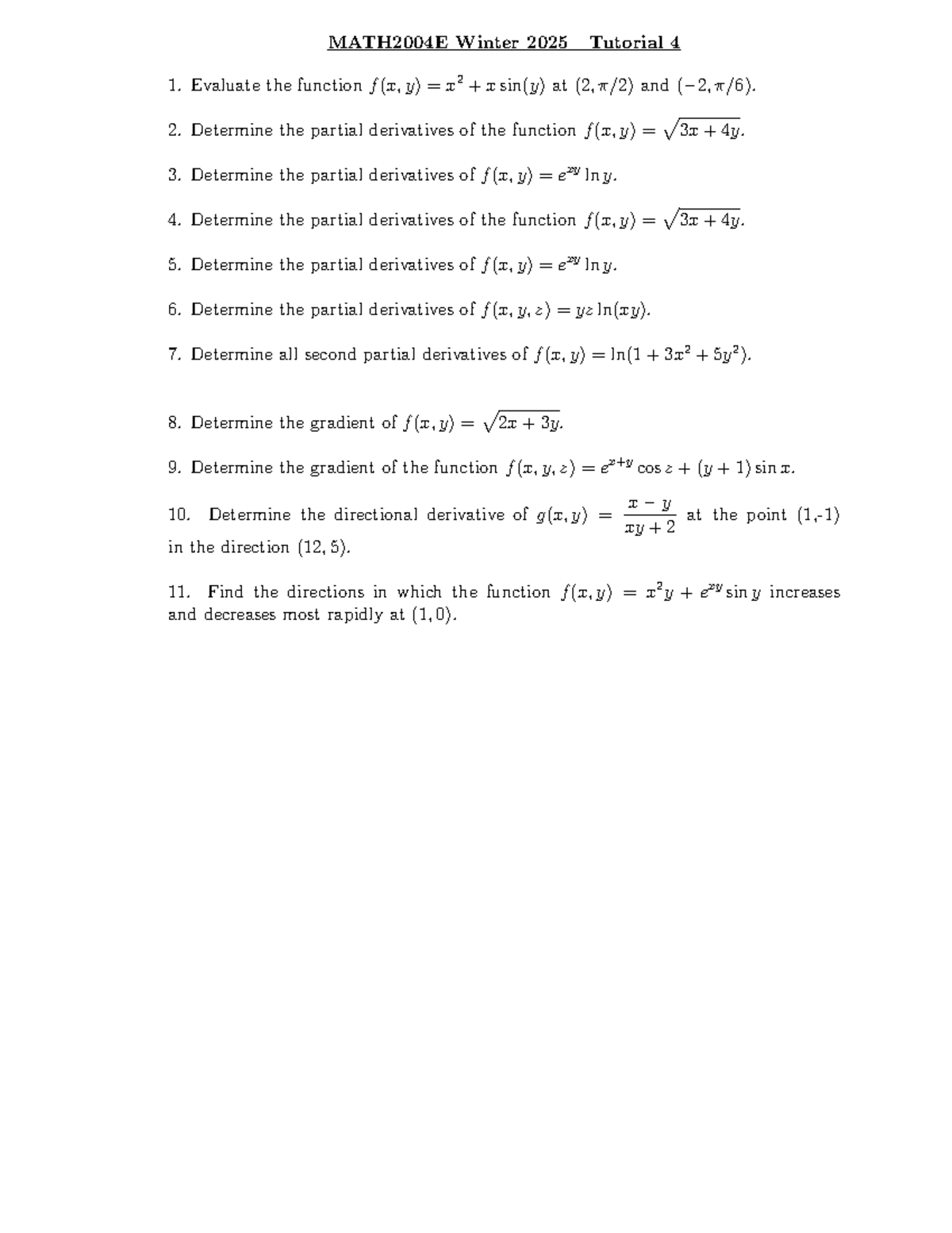 MATH2004E Tutorial 4: Partial Derivatives & Gradients Winter 2025 - Studocu