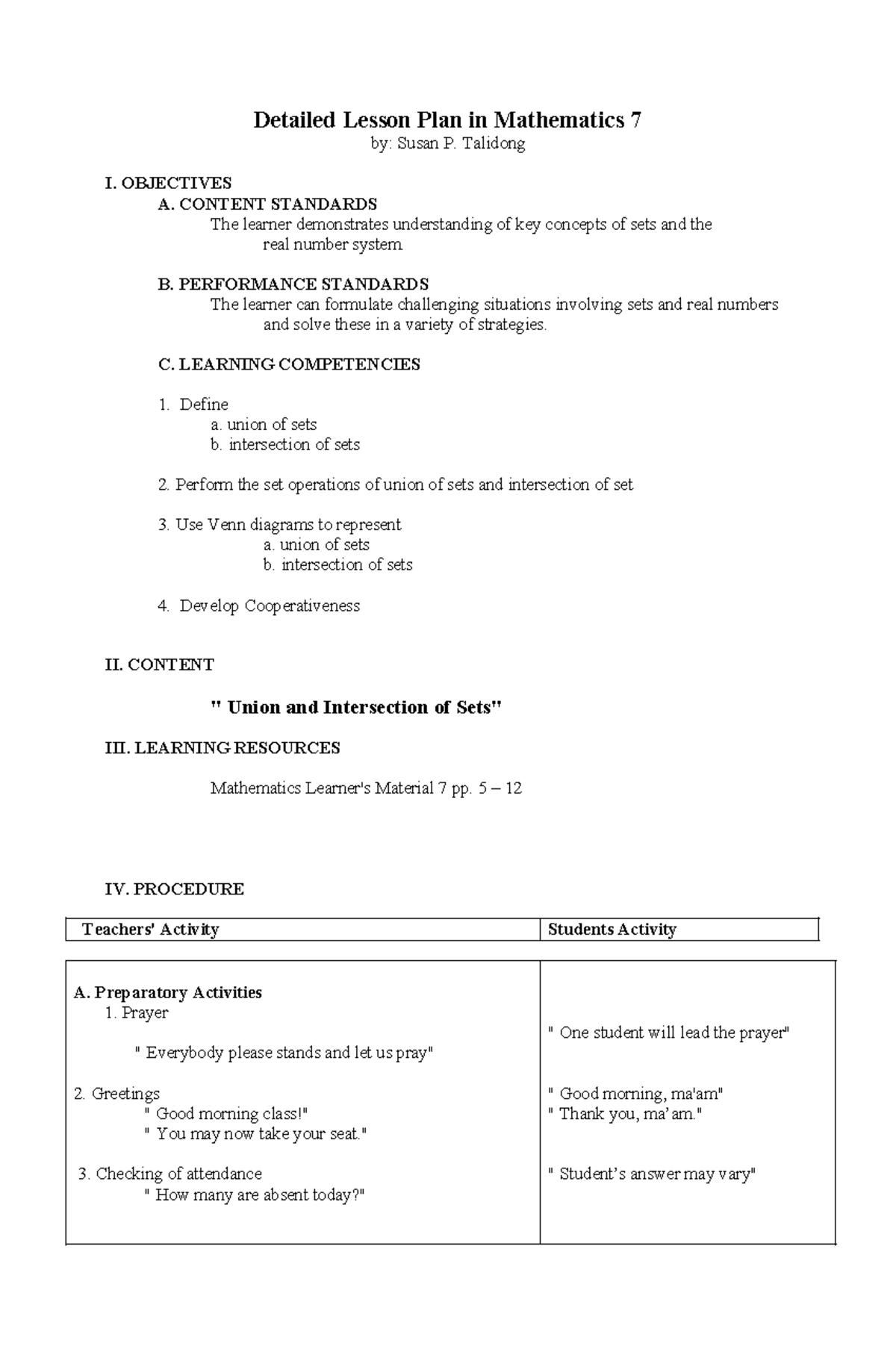Mathematics 7 Detailed Lesson Plan on Sets: Operations & Venn Diagrams ...