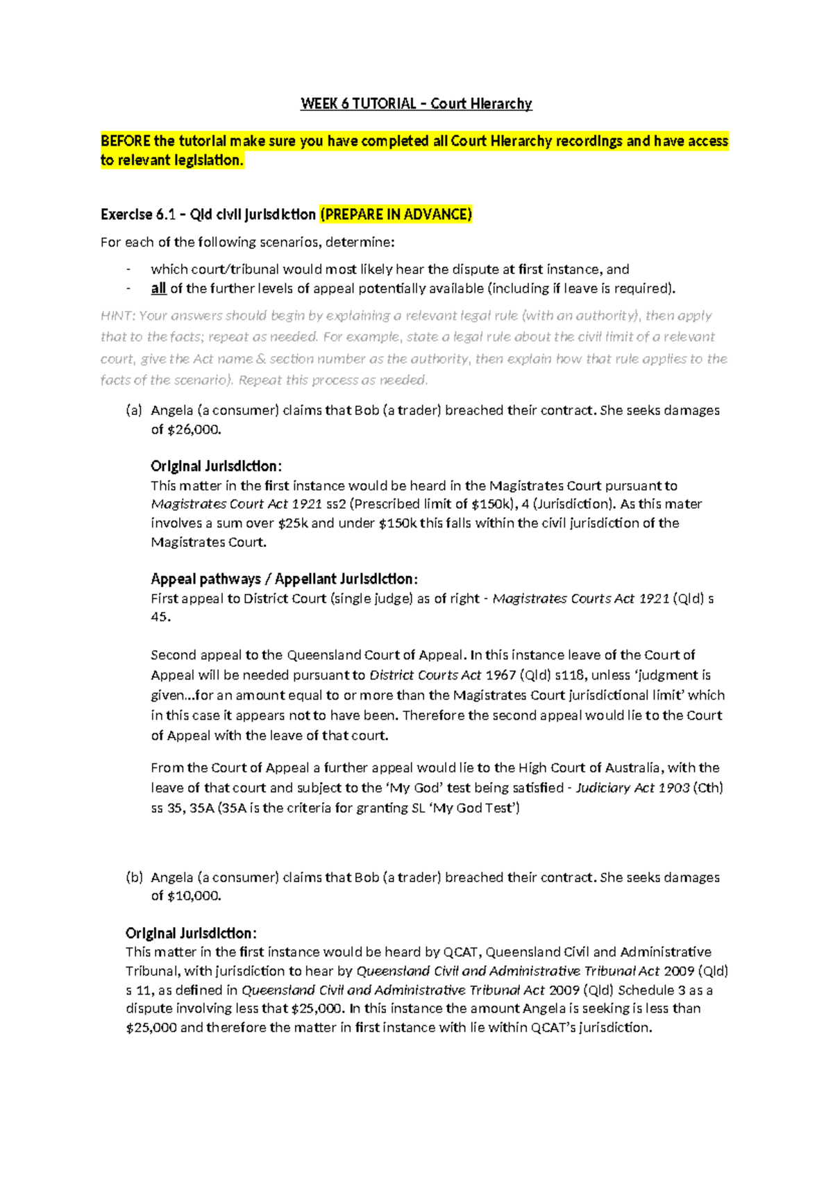 WEEK 6 TUTORIAL: Understanding Court Hierarchy in Qld Jurisdiction ...