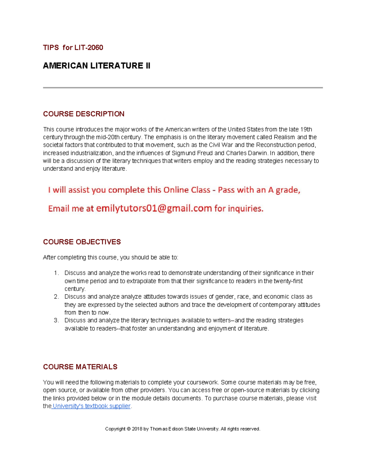 LIT 2060 American Literature II Course Overview and Assessment Guide ...