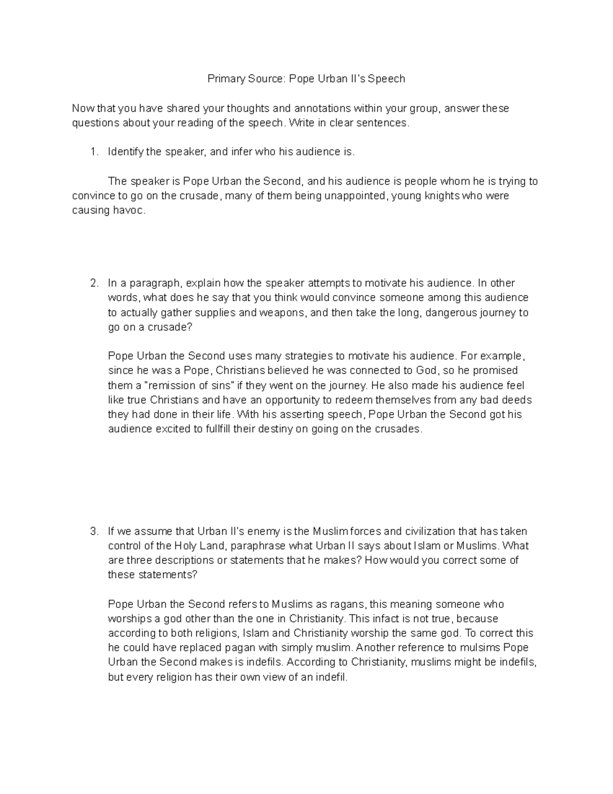 Pope Urban II's Speech Analysis and Audience Motivation - Studocu