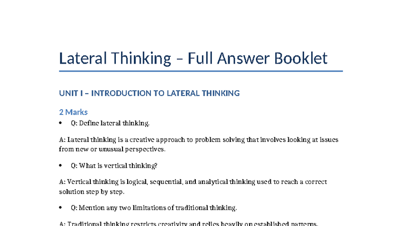 Lateral Thinking Techniques & Applications - LT Answer Booklet - Studocu