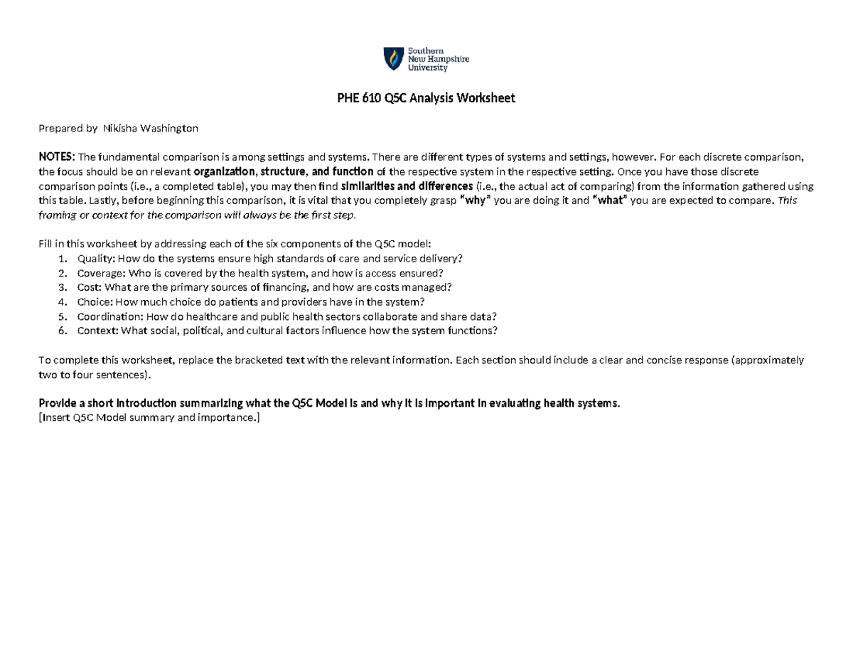 PHE 610 Q5C Model Analysis Worksheet by Nikisha Washington - Studocu