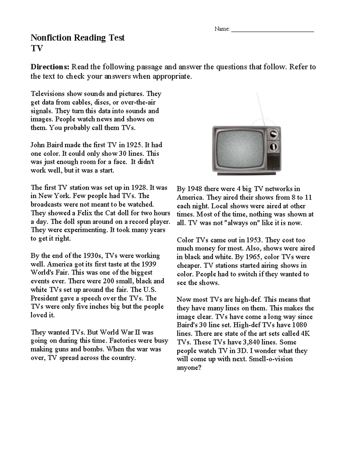 Nonfiction Reading Test: The Evolution of Television Technology - Studocu