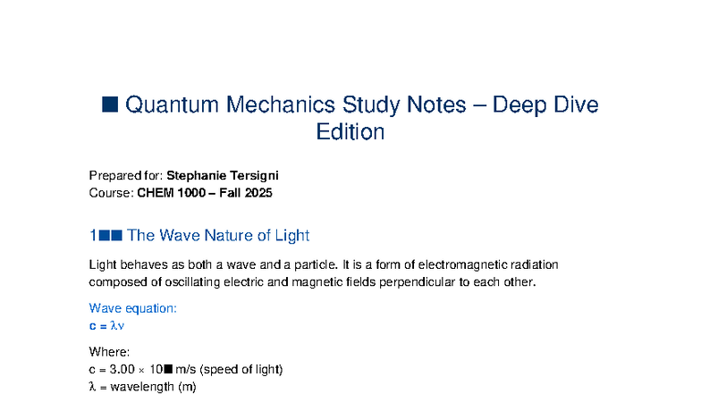 Quantum Mechanics Study Notes (CHEM Fall 2025) - Studocu