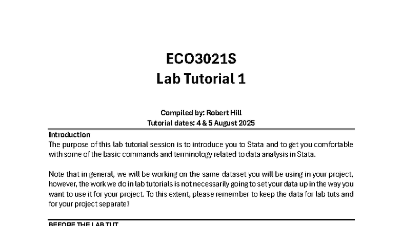 ECO3021S Lab Tutorial 1: Introduction to Stata and Data Analysis - Studocu