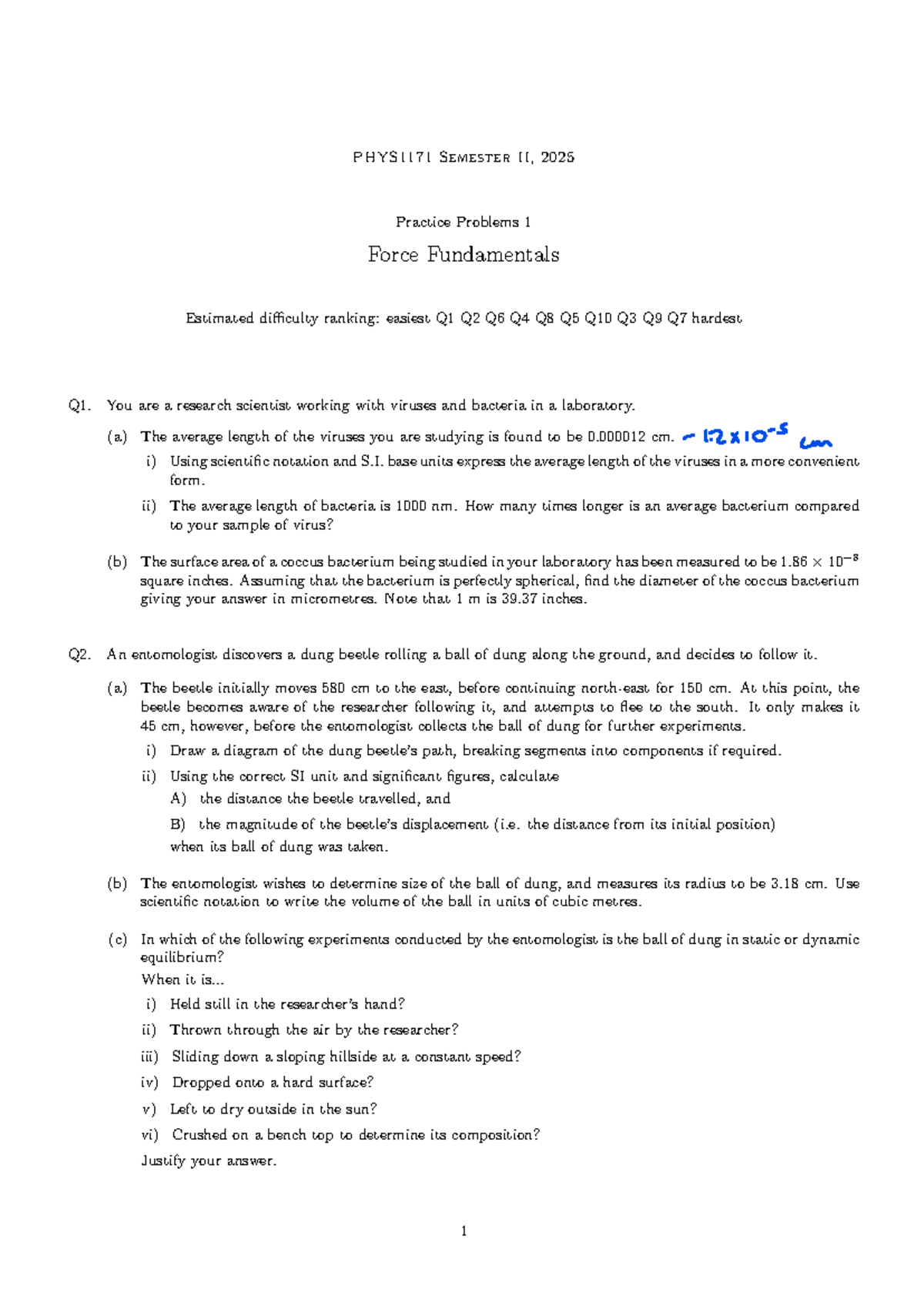 PHYS1171 Semester II, 2025 Practice Problems on Force Fundamentals ...