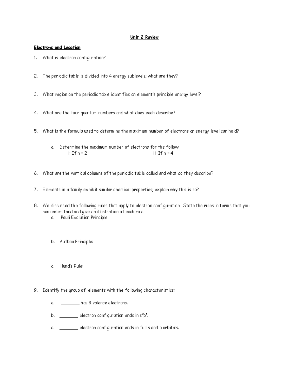 Unit 2 Review: Electron Configuration & Periodic Trends 2024 - Studocu