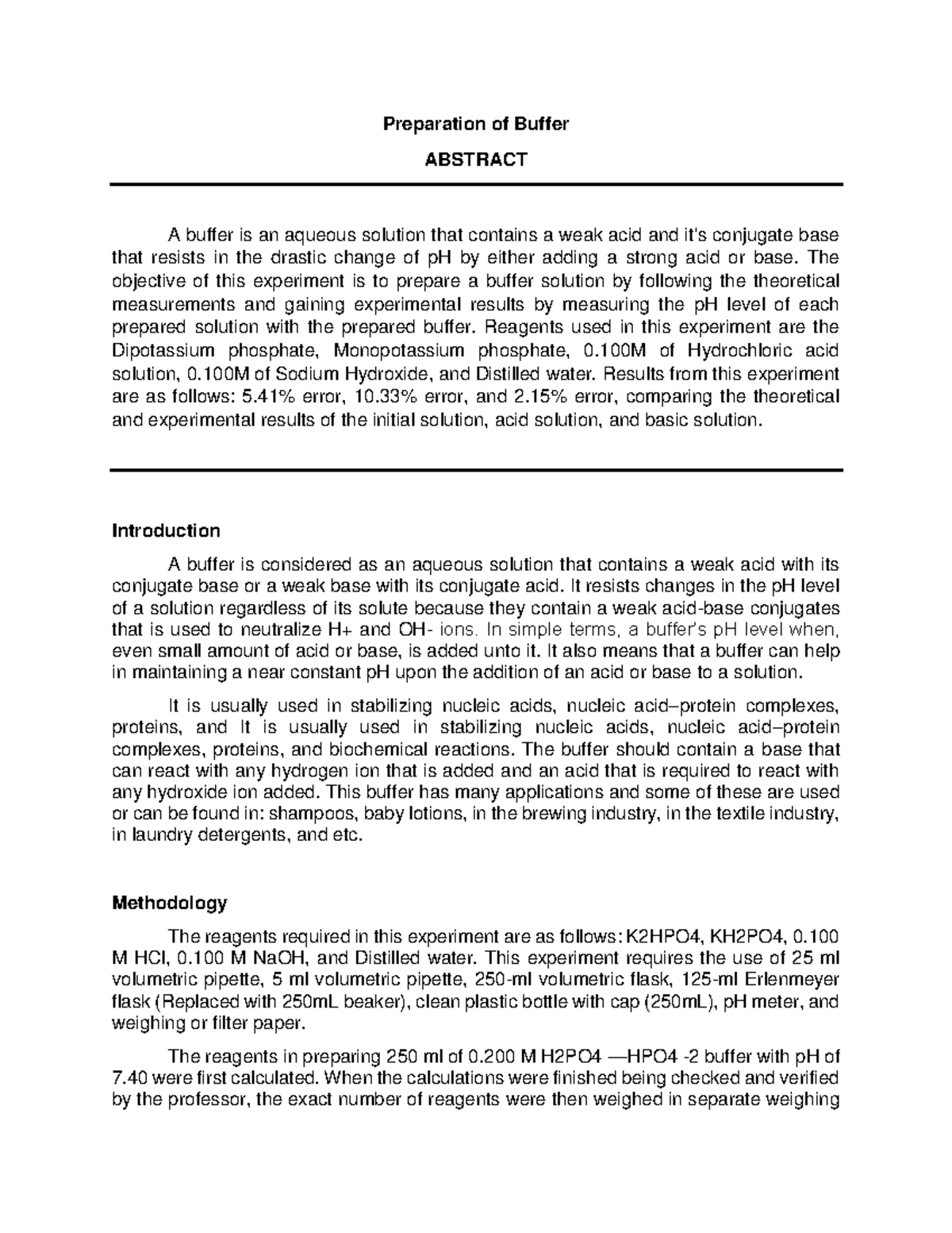 Buffer Preparation and Analysis: Full Lab Report (CHEM 101) - Studocu