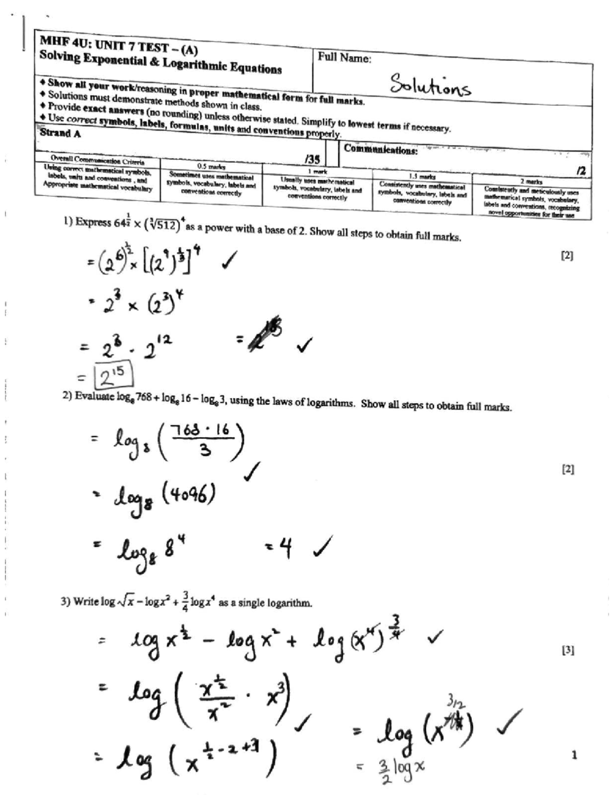 2023-12 Unit 7 Test (Solutions) - MHF 4U: UNIT 7 Solving Exponential ...