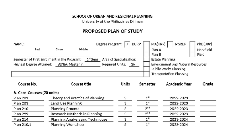 Proposed Plan of Study for MA(URP) - School of Urban Planning - Studocu