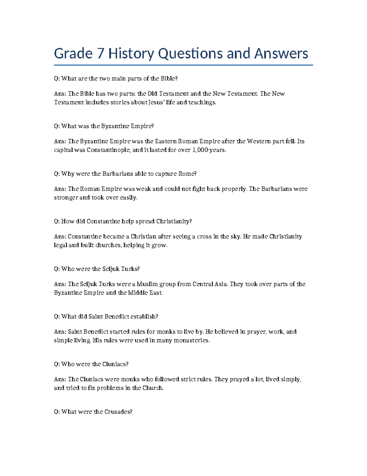 Grade 7 History Q&A: Final Exam Review Guide - Studocu