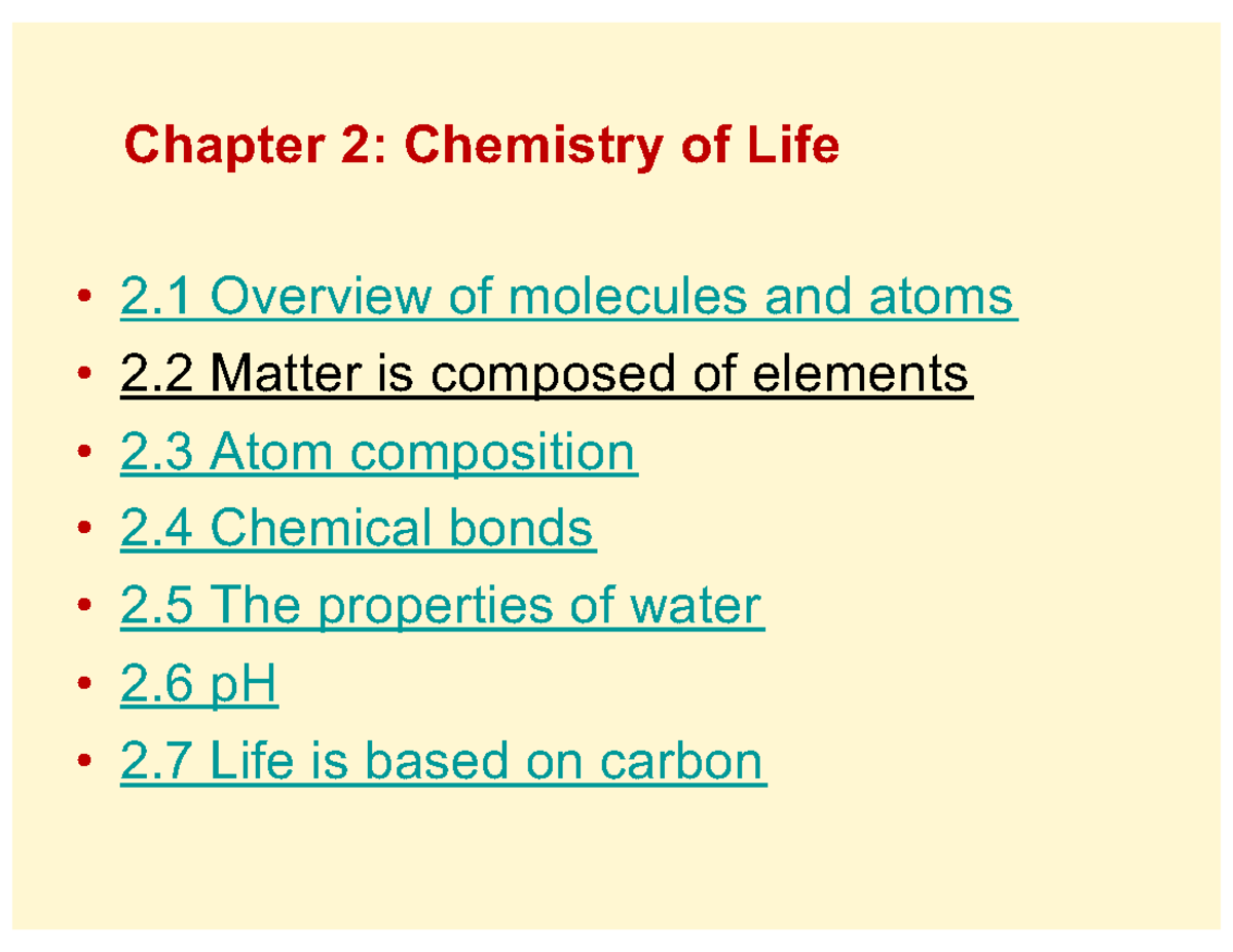 Chapter 2: The Chemistry of Life Overview (BIO101) - Studocu