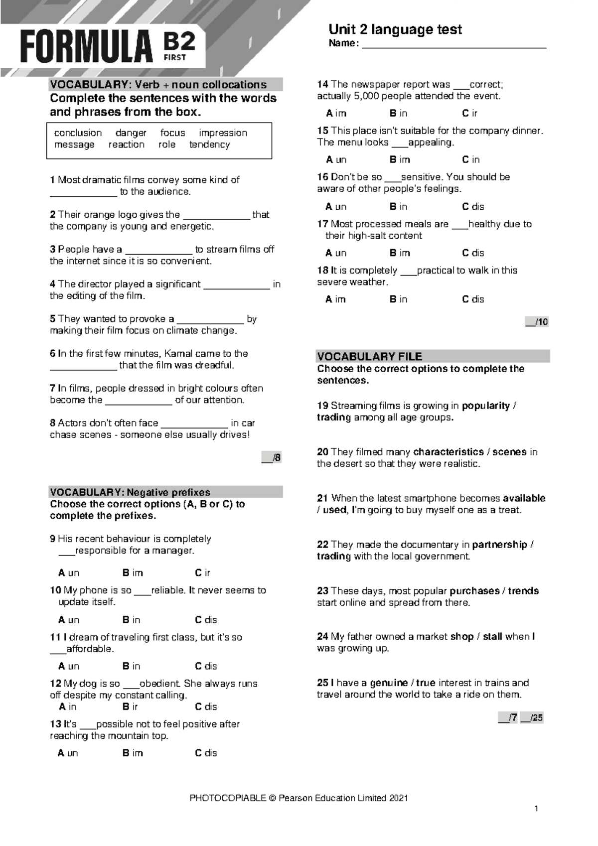 Formula B2 Unit 2 Vocabulary Test: Verb-Noun Collocations - Studocu