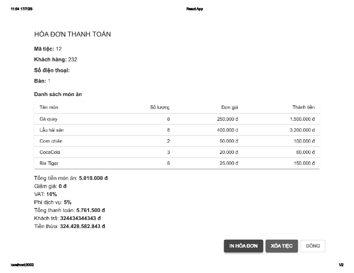 HÓA ĐƠN THANH TOÁN - Mã tiệc: 12, Khách hàng: 232 - Studocu