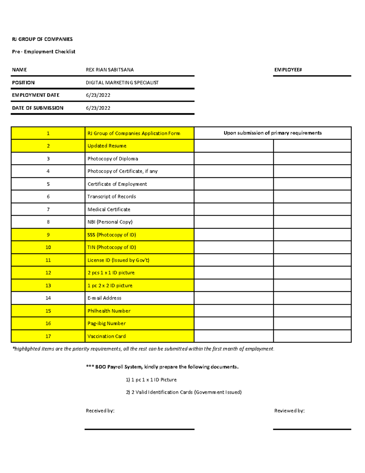 PRE Employment Checklist - RJ GROUP OF COMPANIES Pre - Employment ...