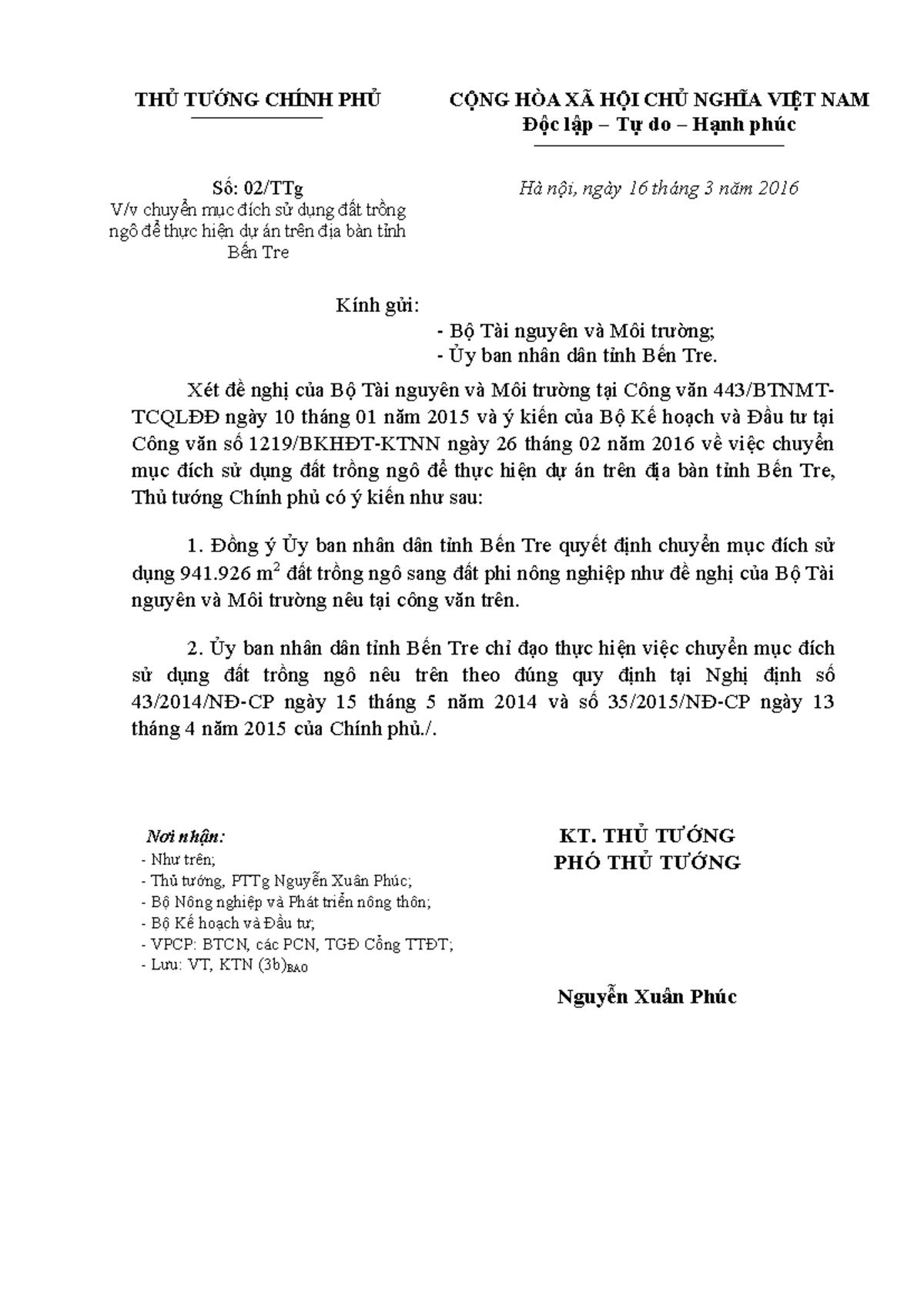 Công văn số: Chuyển mục đích sử dụng đất tại Bến Tre - Studocu