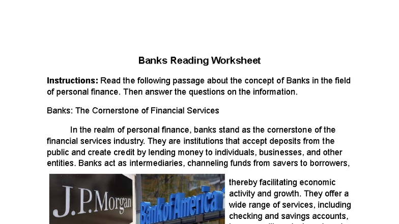 Personal Finance Reading: Banks Overview & Worksheet Instructions - Studocu