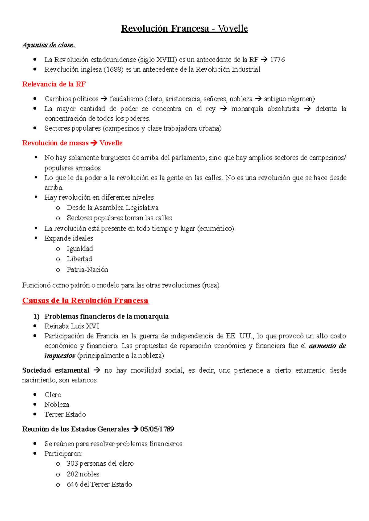 Revolución Francesa (RF) - Apuntes de Clase según Vovelle - Studocu