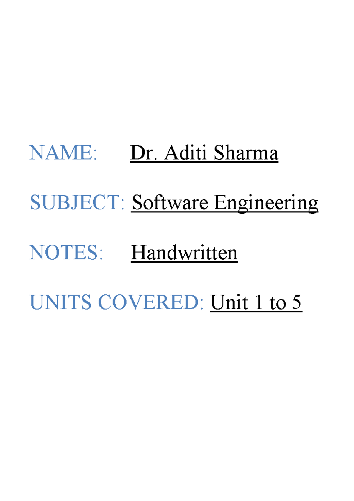 SE Handwritten Notes: Units 1-5 Overview by Dr. Aditi Sharma - Studocu