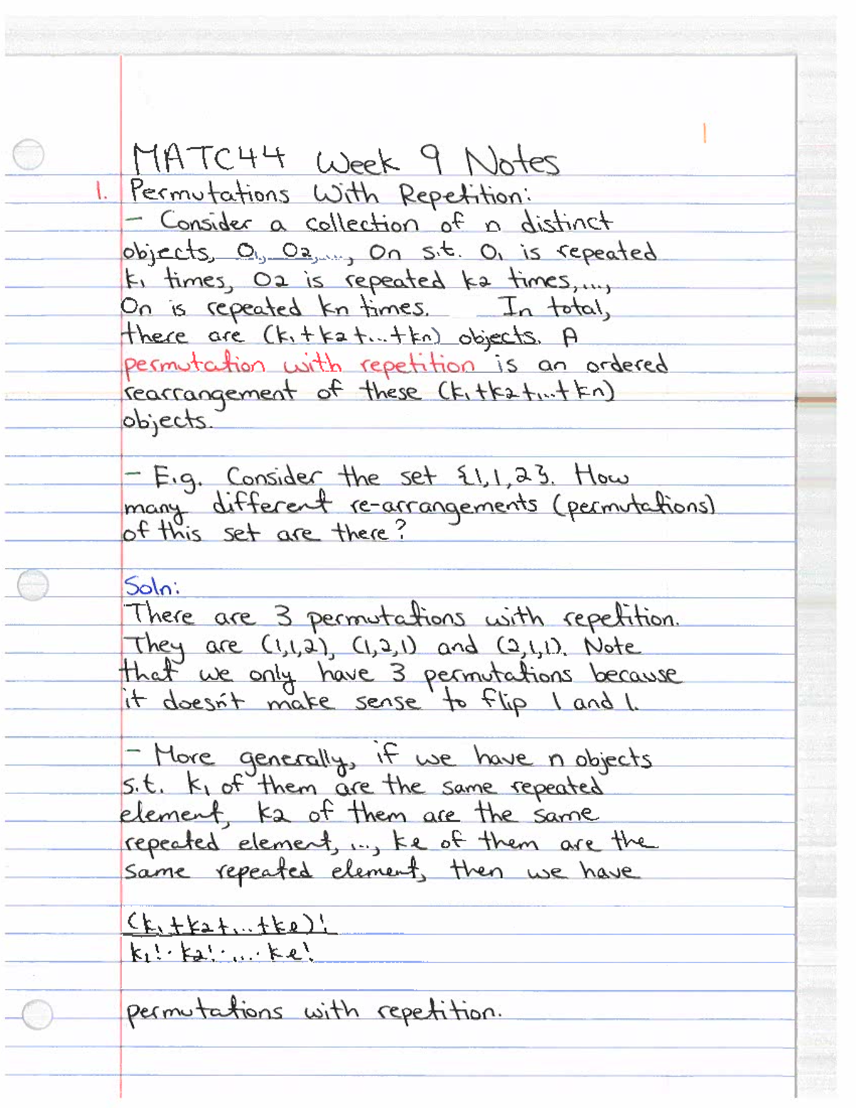 MATC44 Week 9 Notes - Week 9 - MATC44 Week 9 Notes 1. Permutations with ...