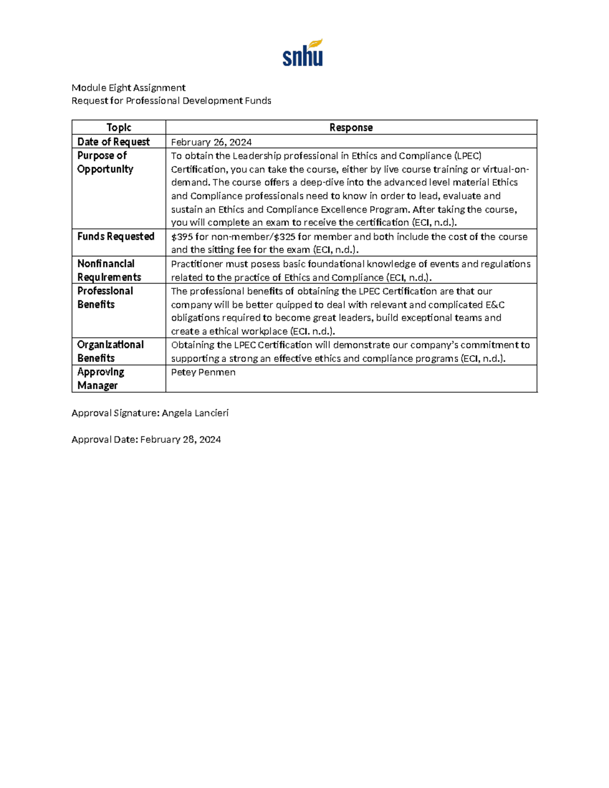 8-2 Assignment - Module Eight Assignment Request for Professional Development Funds Topic ...