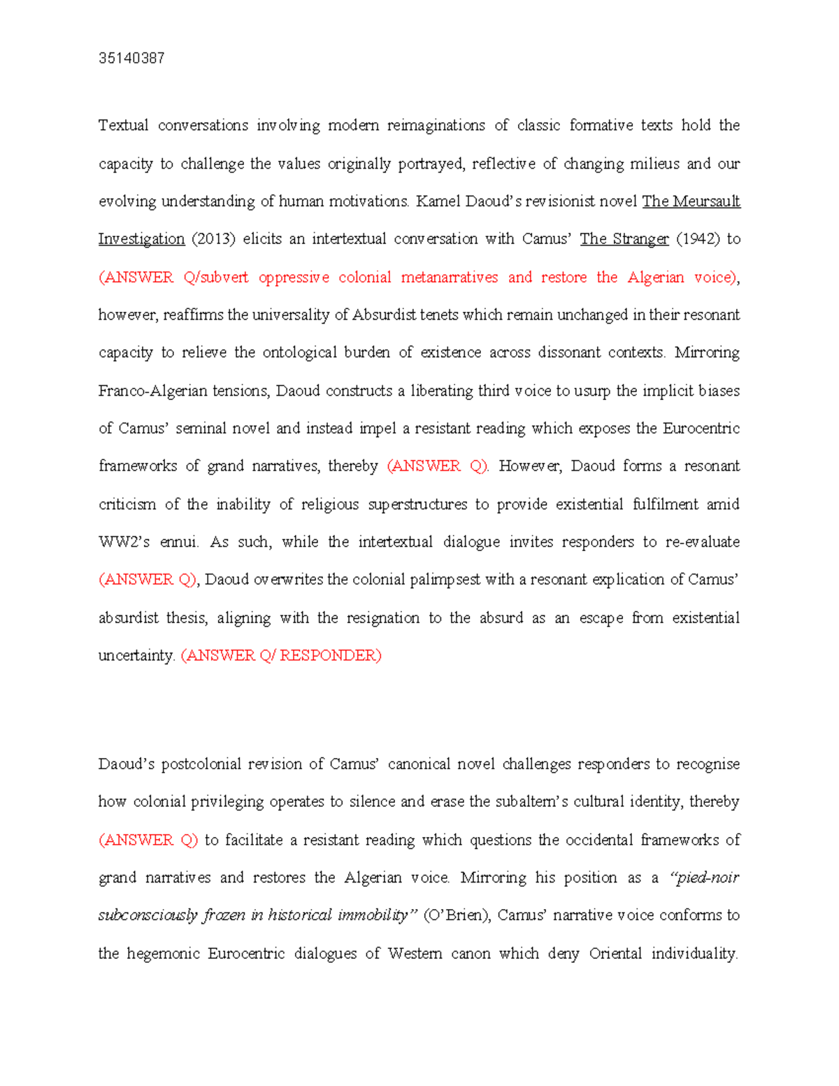 35140387 HSC Mod A ML - Essay on Absurdism and Postcolonial Voices in ...