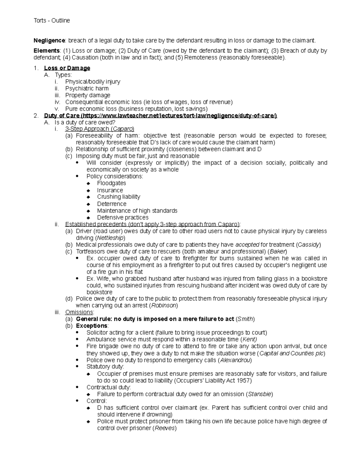 Torts (Outline) - Negligence: Key Elements and Legal Principles - Studocu