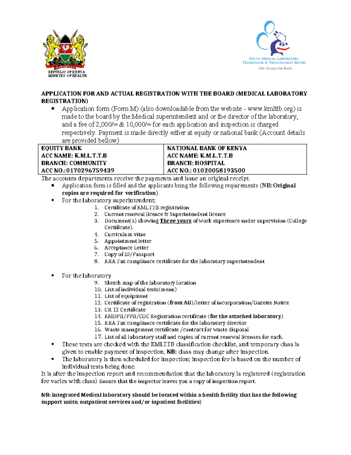 Application for Medical Laboratory Registration in Kenya (KMLTTB) - Studocu