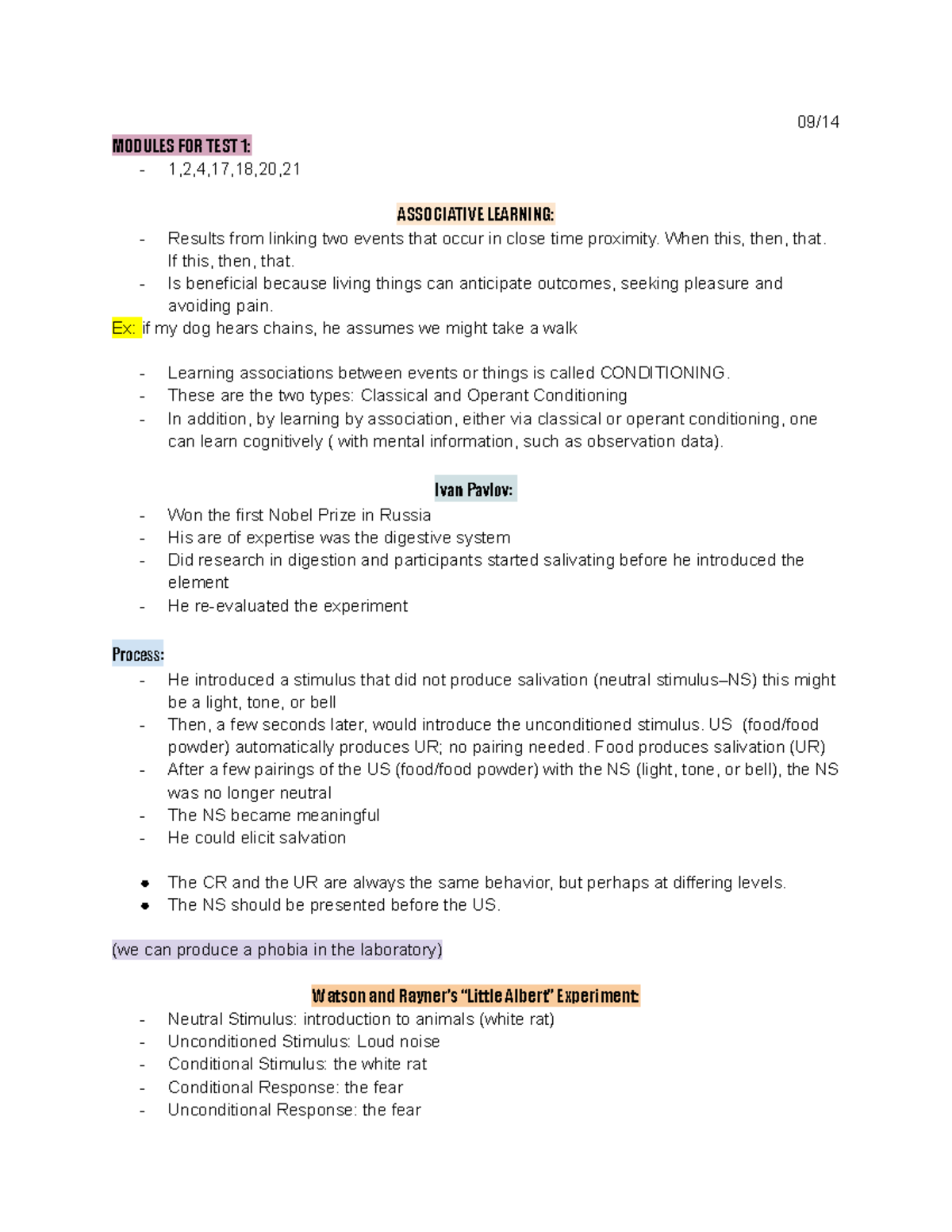 Gen Psych. 09 14 - ASSOCIATIVE LEARNING - 09/ MODULES FOR TEST 1: - 1,2 ...