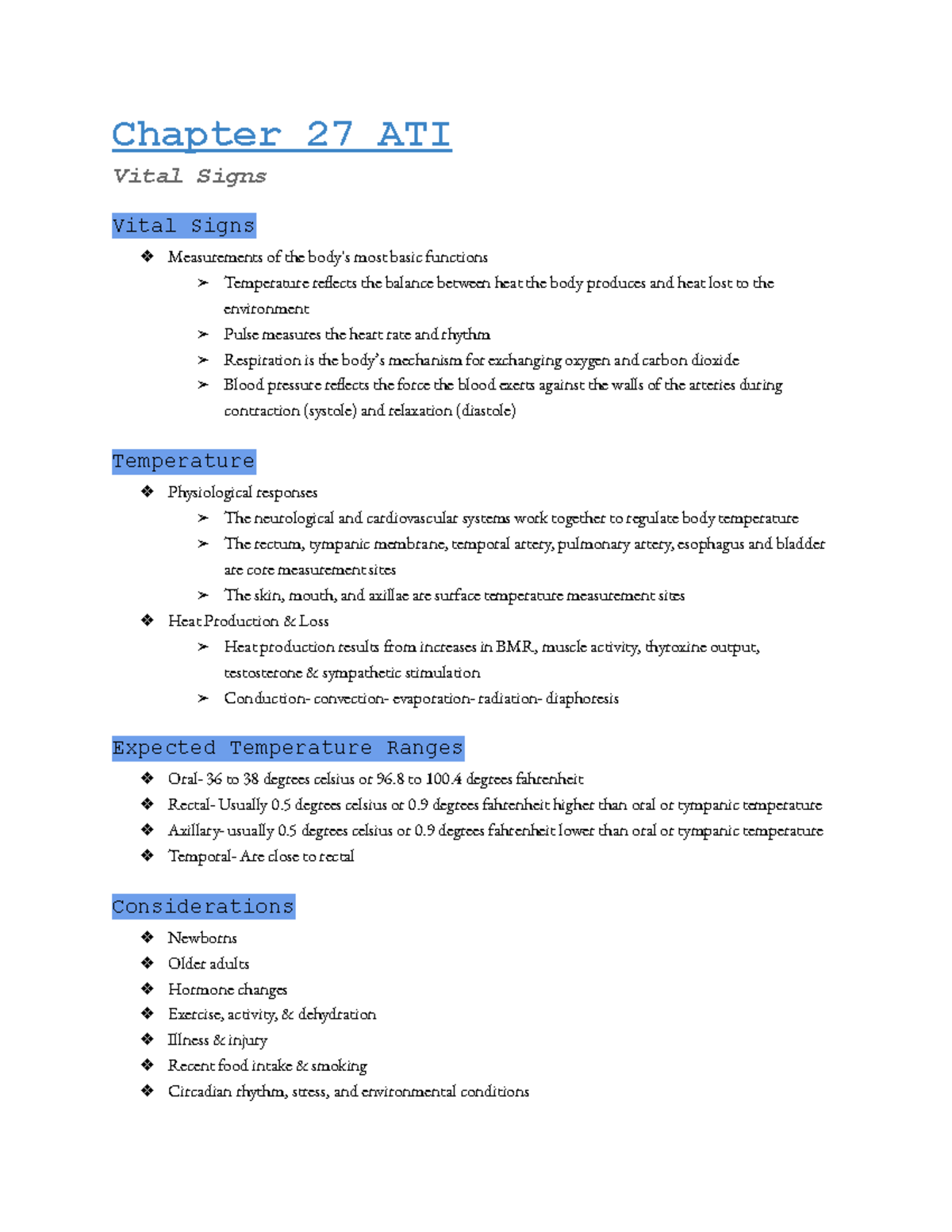 Fundamentals Chapter 27 ATI: Key Concepts on Vital Signs - Studocu