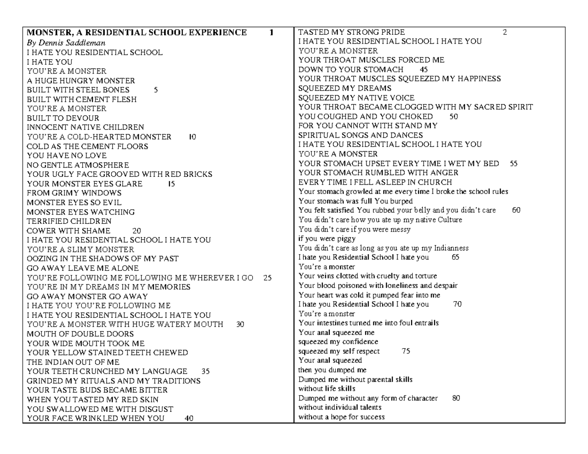 Monster poem and analysis questions for residential school experience ...