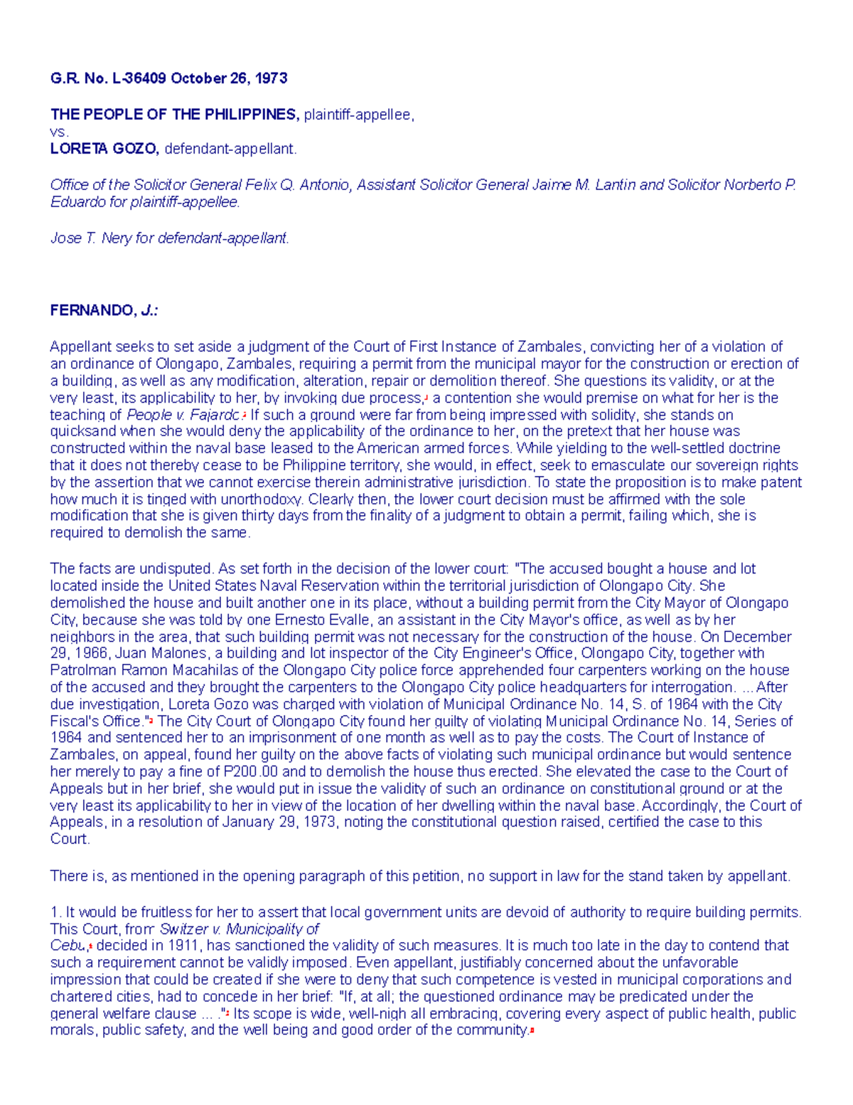 Consti case Full text - G. No. L-36409 October 26, 1973 THE PEOPLE OF ...