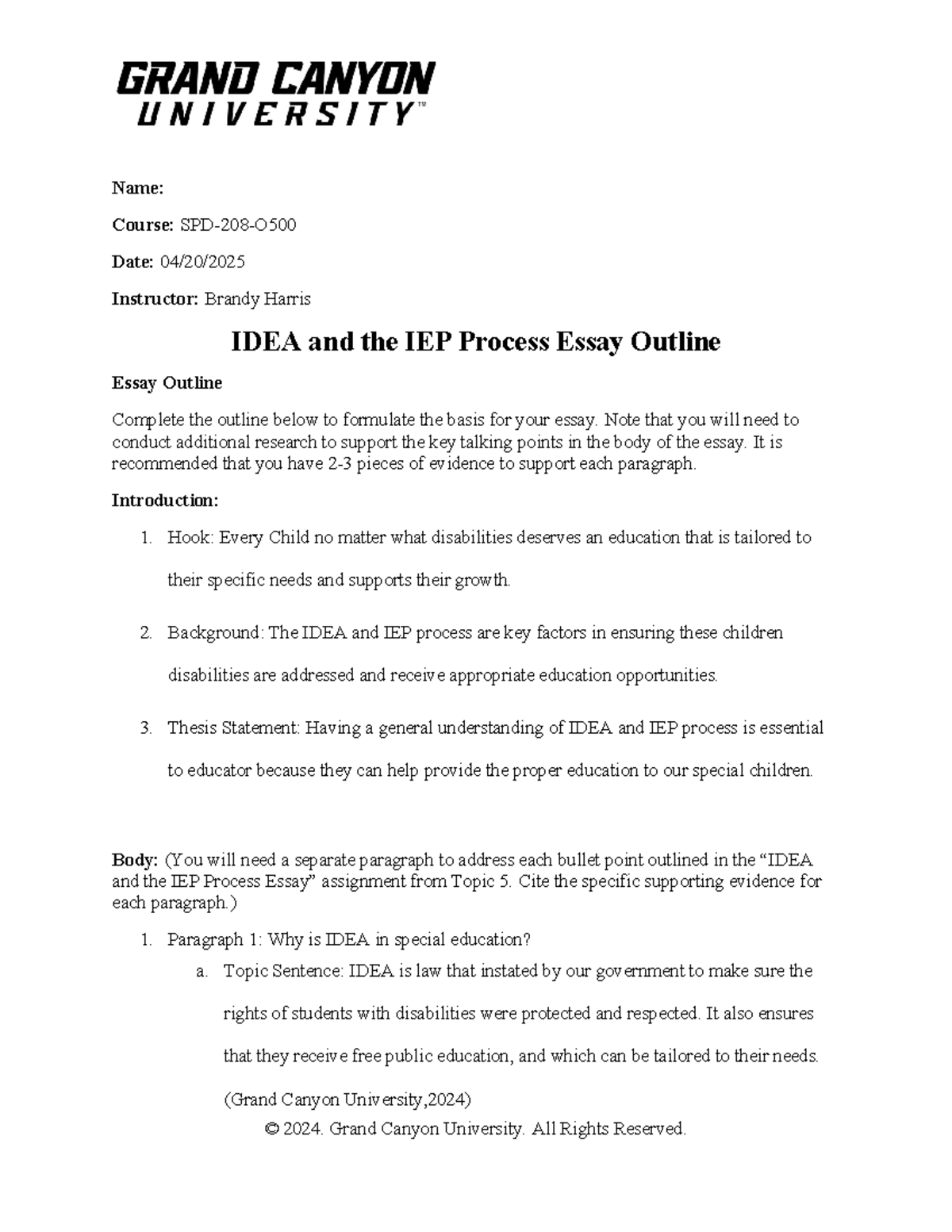 SPD-208 RS T1 IDEA and IEP Process Essay Outline Guide - Studocu
