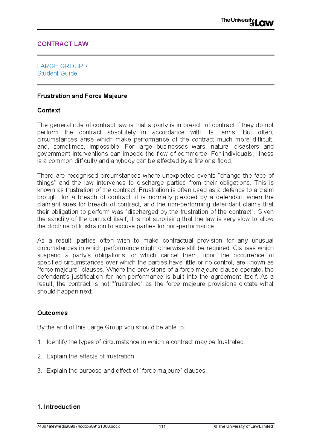 Contract - U7 - LG - Frustration and Force Majeure - CONTRACT LAW LARGE ...