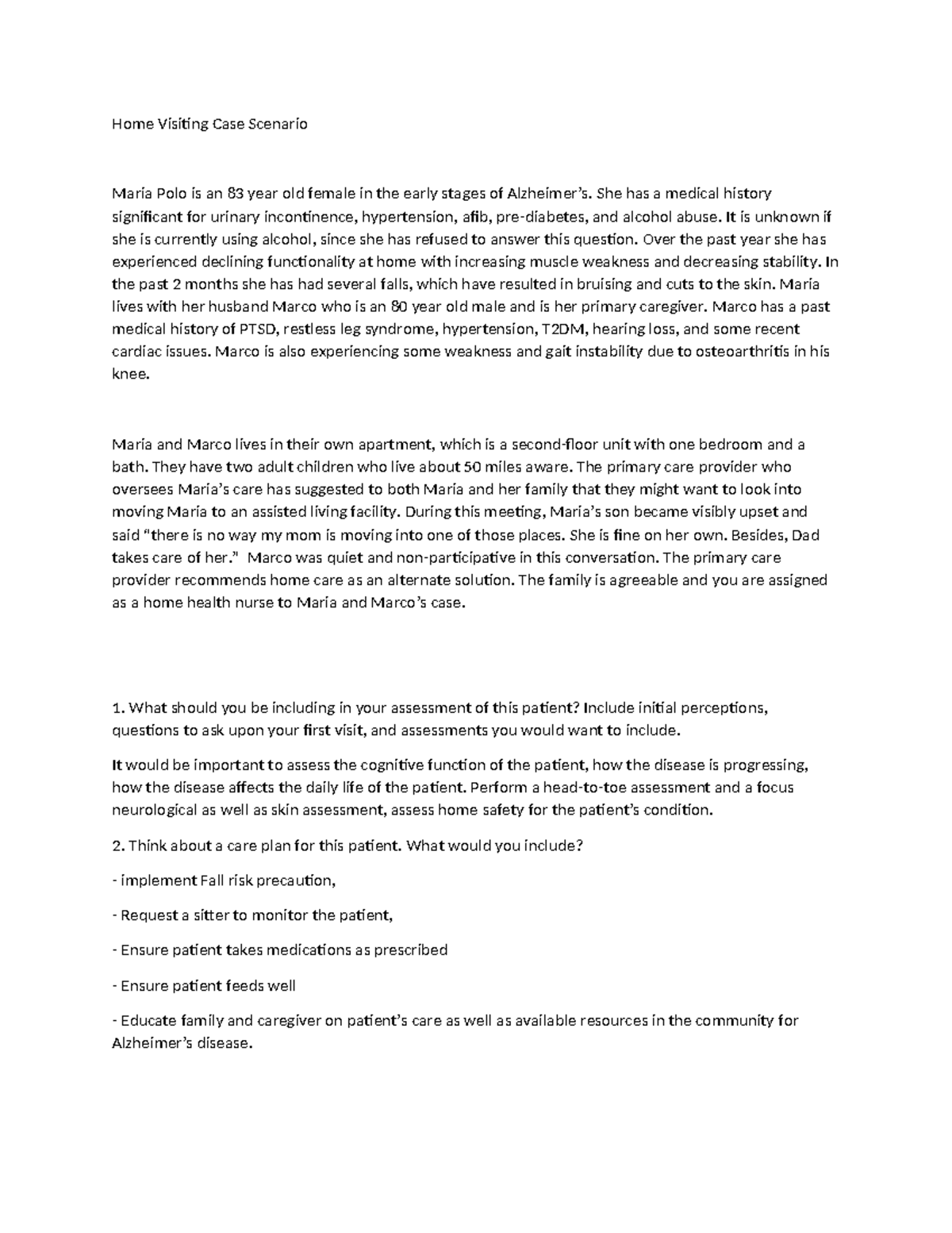 Home Visiting Case Scenario - Nursing Assessment & Care Plan for Maria ...