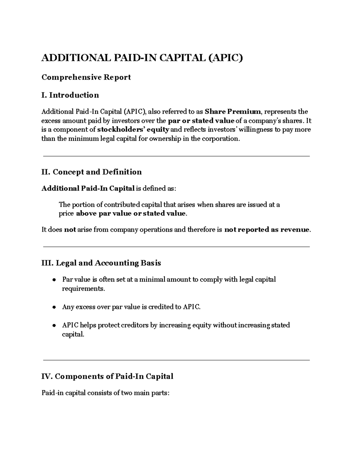 Comprehensive Report on Additional PAID-IN Capital (APIC) - Studocu